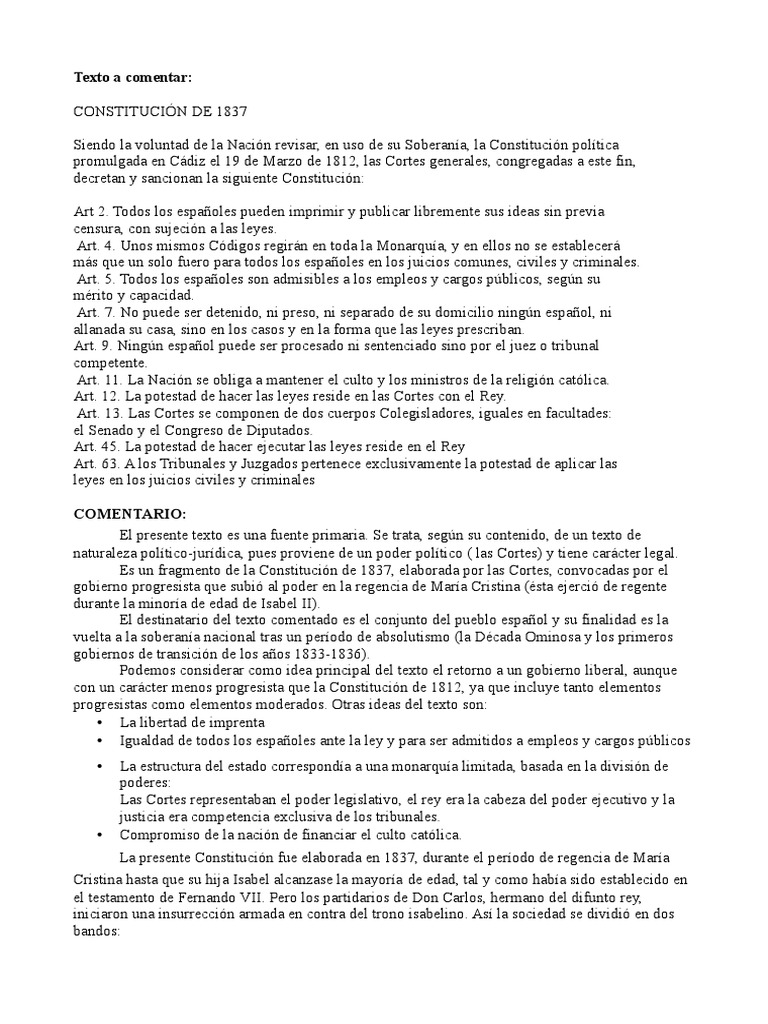 Comentario. Constitución de 1837 | PDF | Cortes Generales | Gobierno de ...