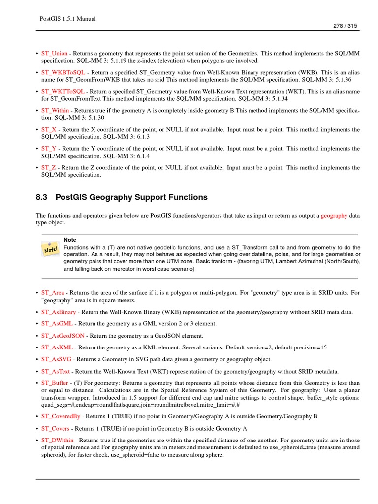 8.3 Postgis Geography Support Functions: ST - Union | PDF | Geometry | Area