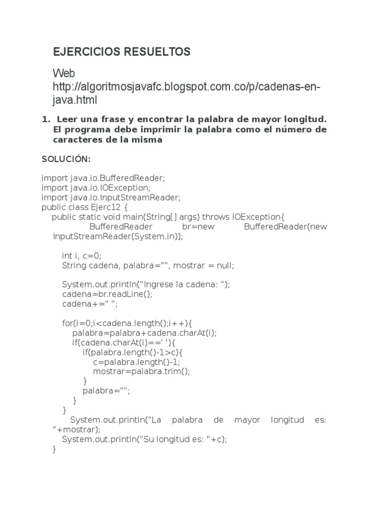 Ejercicios Resueltos Java Consola Caracteres | PDF | Cadena ...