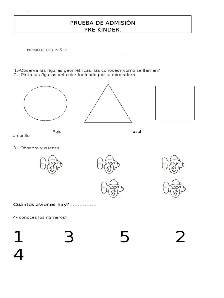 Examen de Admisión Pre Kinder | PDF | Deportes y actividades al aire ...