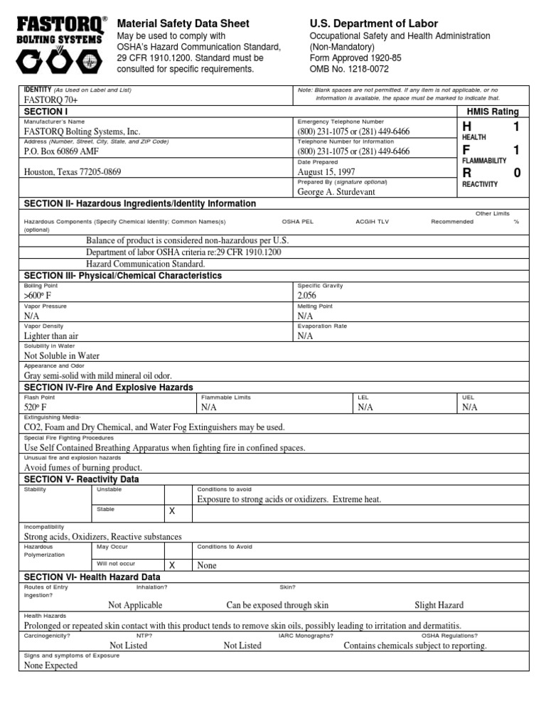 MSDS Lubricant FastTorq70 10013669 | PDF | Occupational Safety And ...