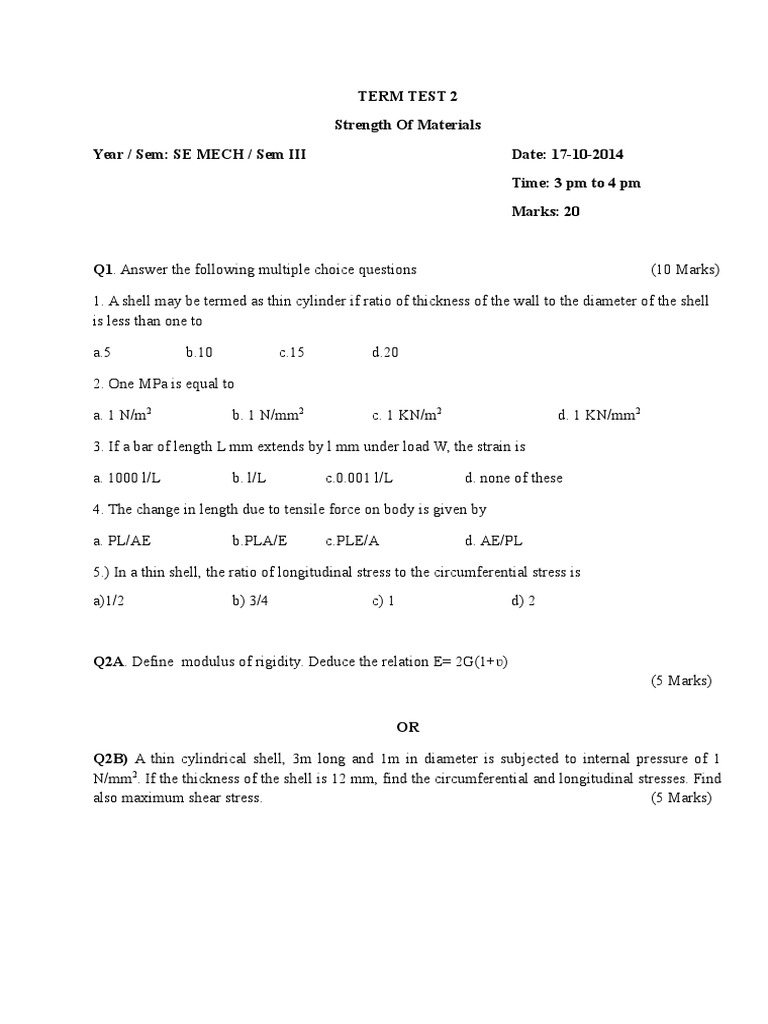 Strength of Materials Term Test 2 | PDF | Teaching Methods & Materials ...