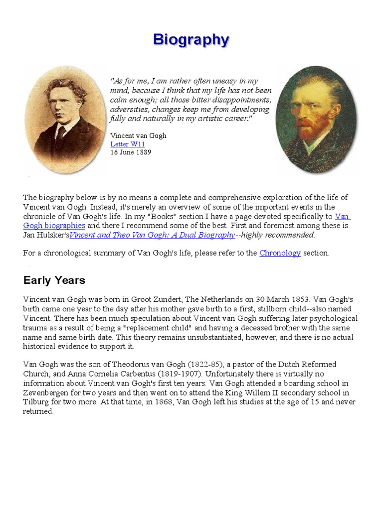 Vincent Van Gogh Biography | PDF | Vincent Van Gogh | Paintings