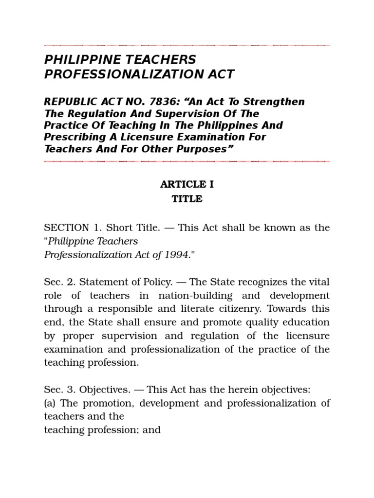 Philippine Teachers Professionalization Act | PDF | Licensure | Teachers