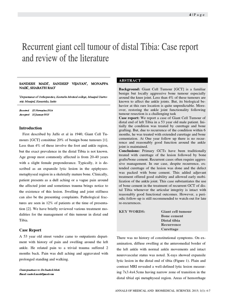 Recurrent Giant Cell Tumour of Distal Tibia: Case Report and Review of ...