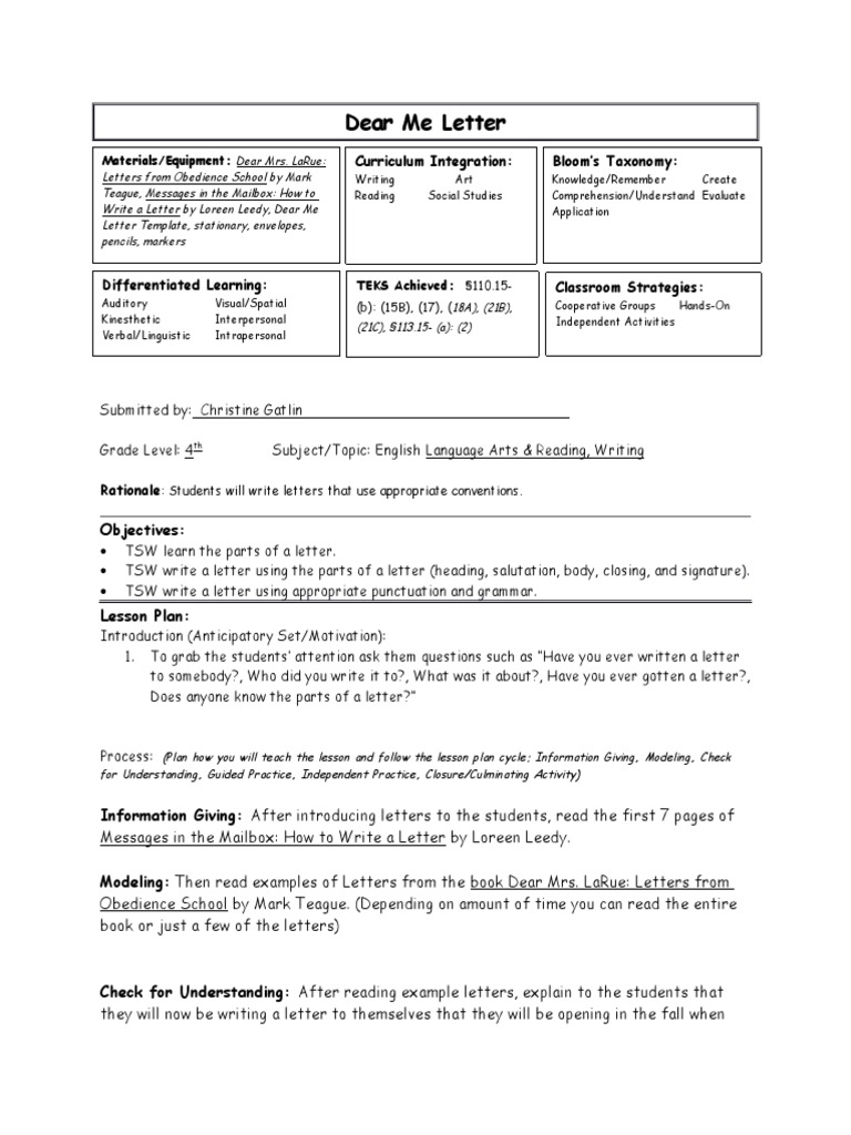 Dear Me Lesson Plan | PDF | Lesson Plan | Reading Comprehension