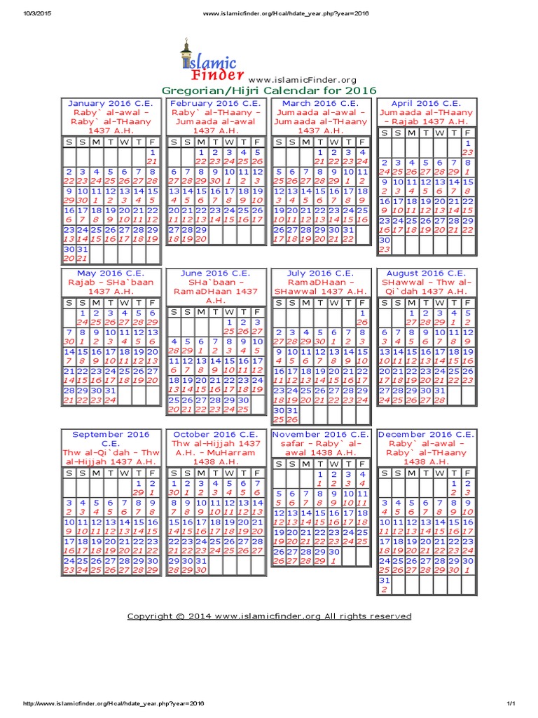 Islamic Calendar 2015 2016 Hijri Calendar