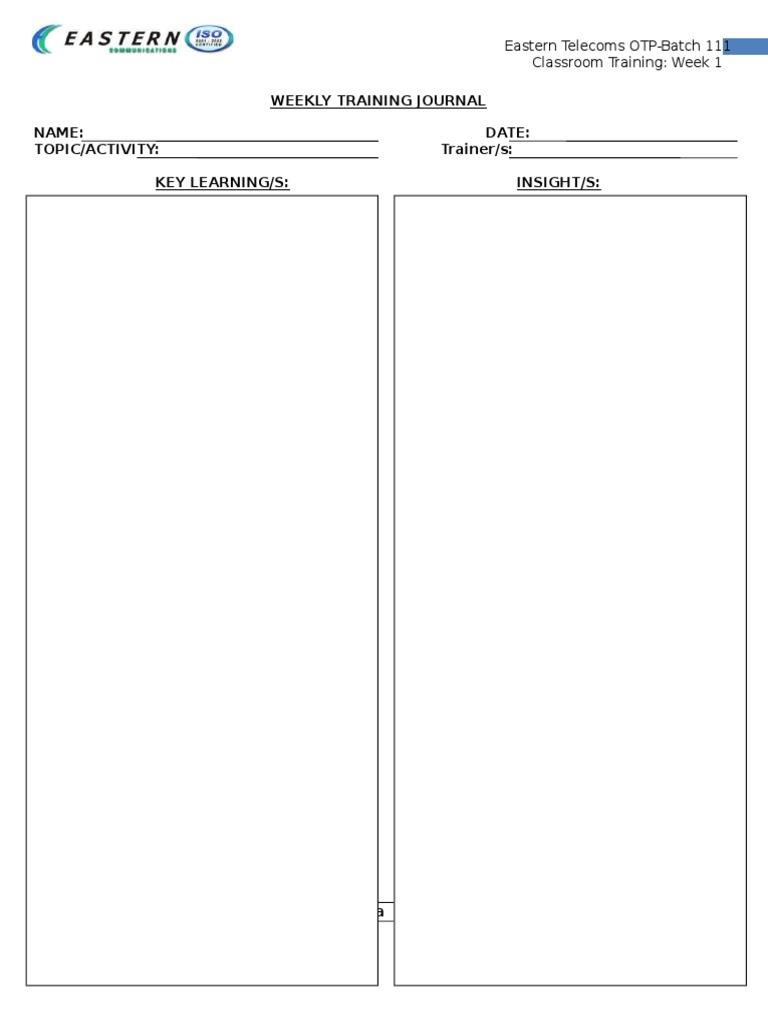 Weekly Training Journal Name: Date: Topic/Activity: Trainer/s: Key ...
