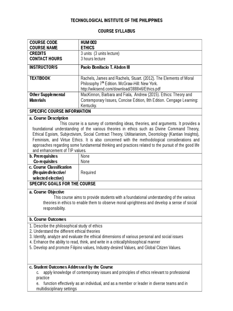 Ethics Syllabus | PDF | Value (Ethics) | Morality