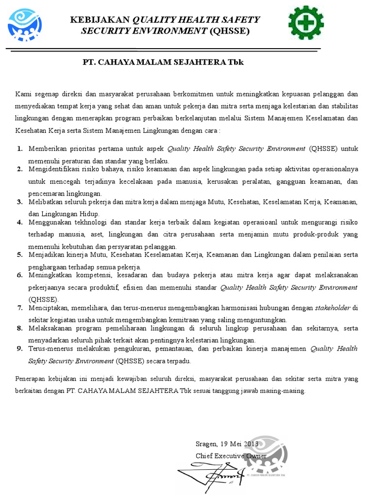 Contoh Kebijakan k3l Perusahaan | PDF