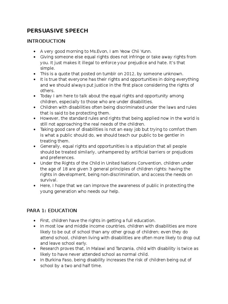 Persuasive Speech | PDF | Disability | Poverty