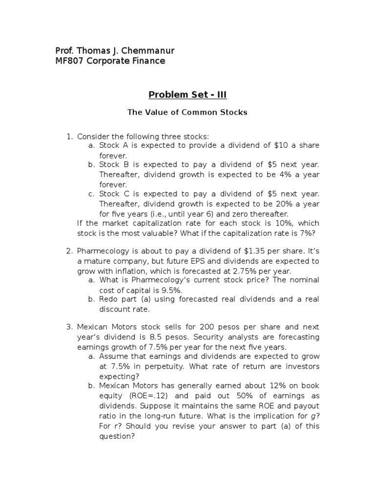Problem Set - III The Value of Common Stocks | PDF | Dividend | Stocks