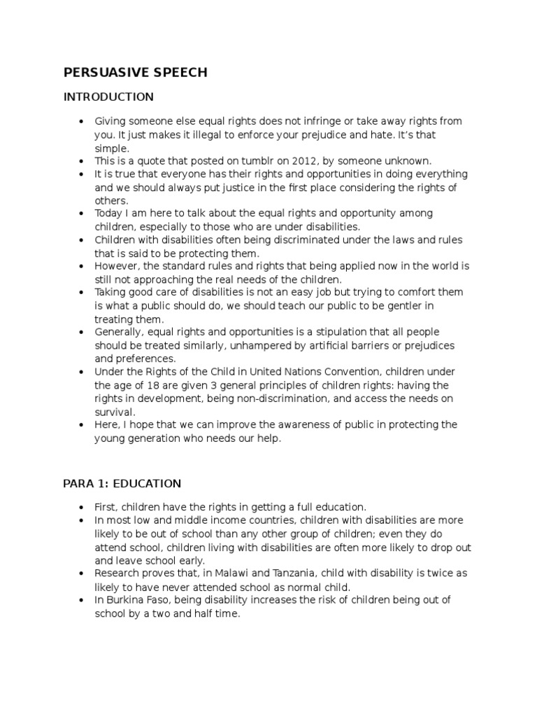 Persuasive Speech | PDF | Disability | Poverty
