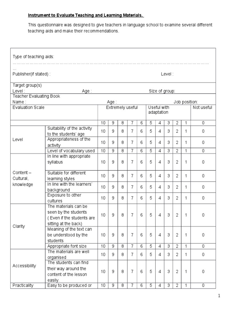 Teaching Materials Evaluation Questionnaire | PDF