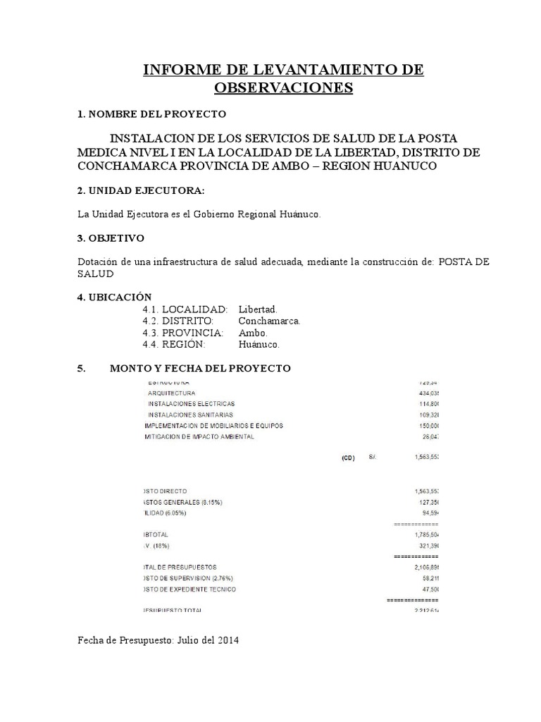 Informe de Levantamiento de Observaciones Jms | Descargar gratis PDF | Presupuesto | Energia ...