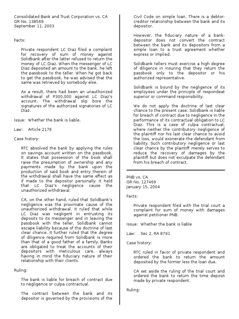 Banking Law Case Digests | PDF | Negligence | Cheque