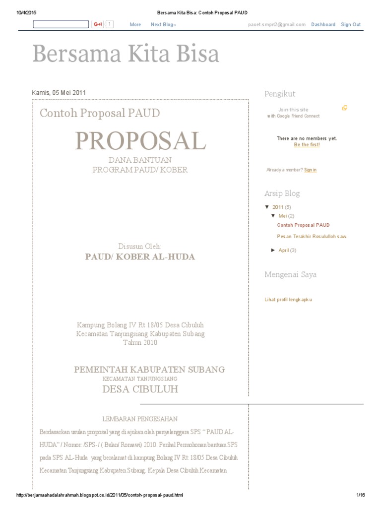 Bersama Kita Bisa - Contoh Proposal PAUD PDF | PDF