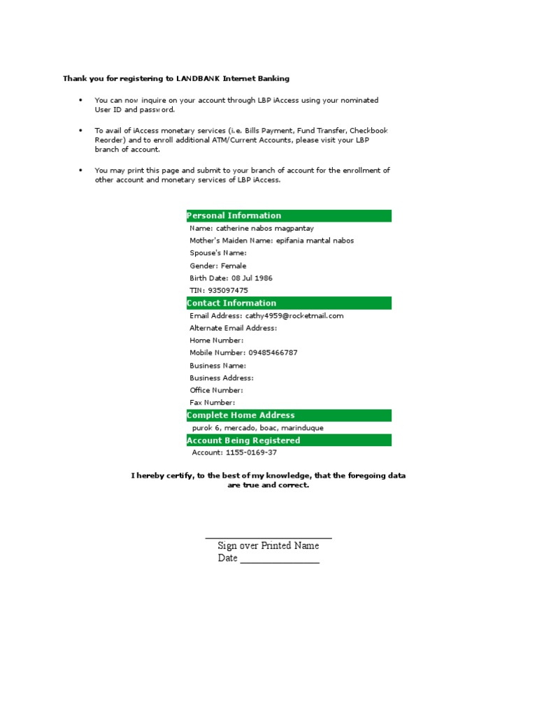 LANDBANK iAccess Registration Confirmation | PDF | Finance & Money ...