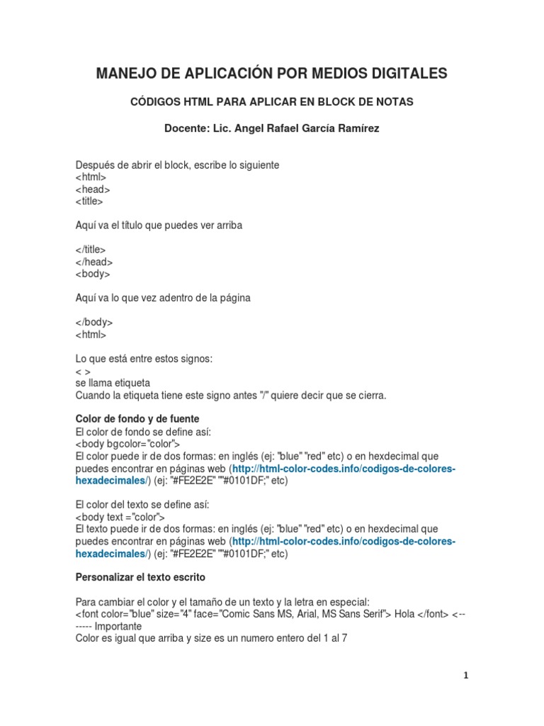 CÓDIGOS HTML PARA APLICAR EN BLOCK DE NOTAS.pdf | Vídeo | HTML