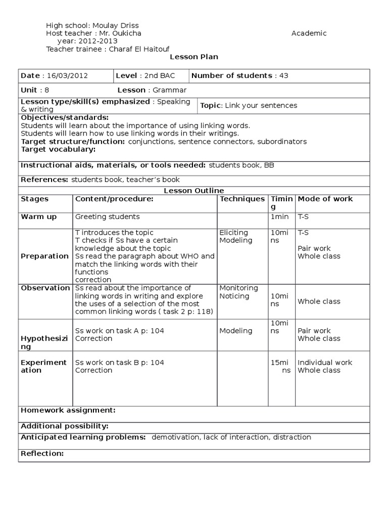 Lesson Plan - Linking Words | PDF