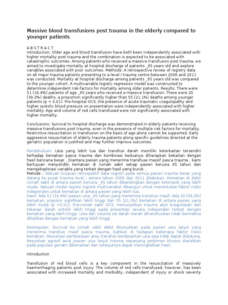 Edit Translate Massive Blood Transfusions Post Trauma in The Elderly ...