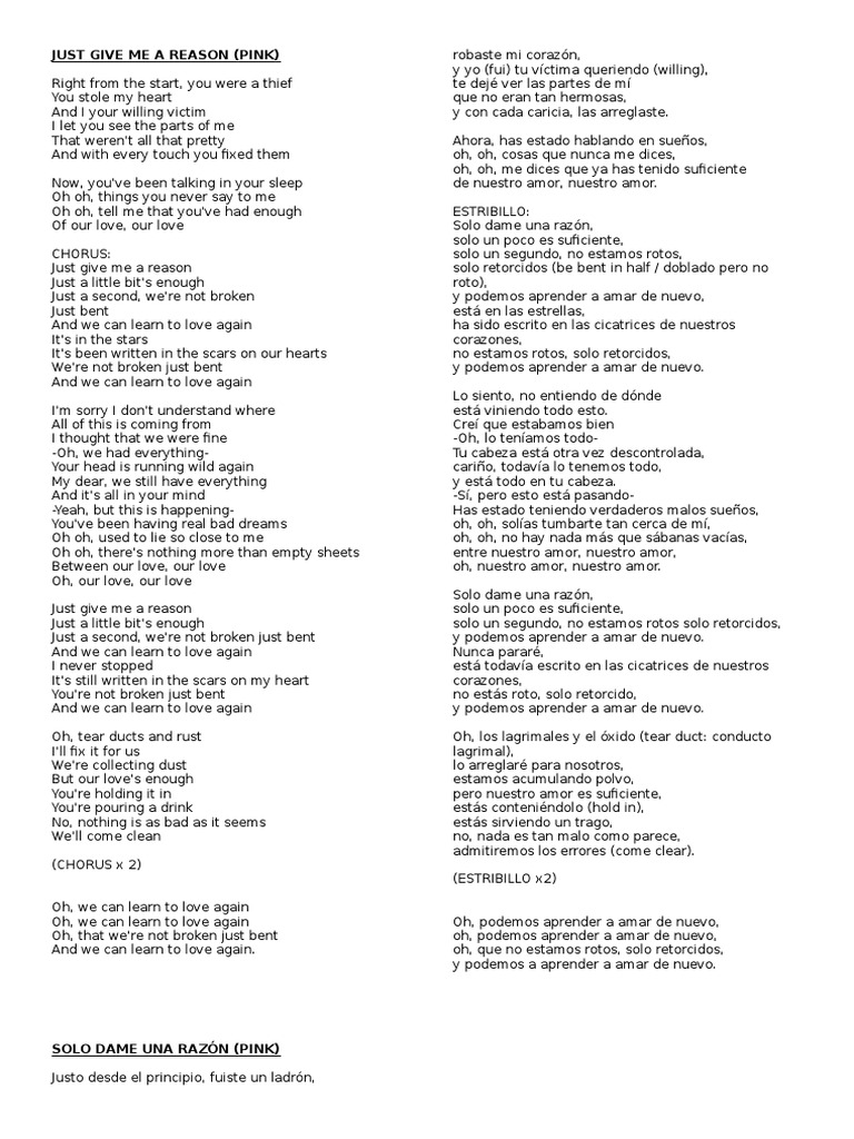 Just Give Me A Reason - Pink (Original Lyrics) | PDF | Songs Written ...