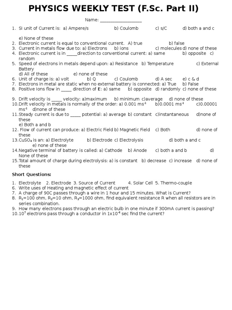 Physics Weekly Test for F.Sc. Part II | PDF