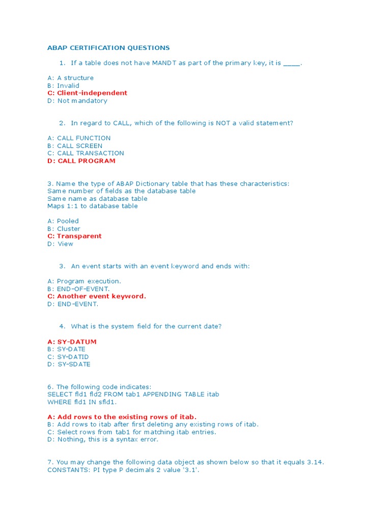 C: Client-Independent: Abap Certification Questions | PDF | Subroutine | Parameter (Computer ...