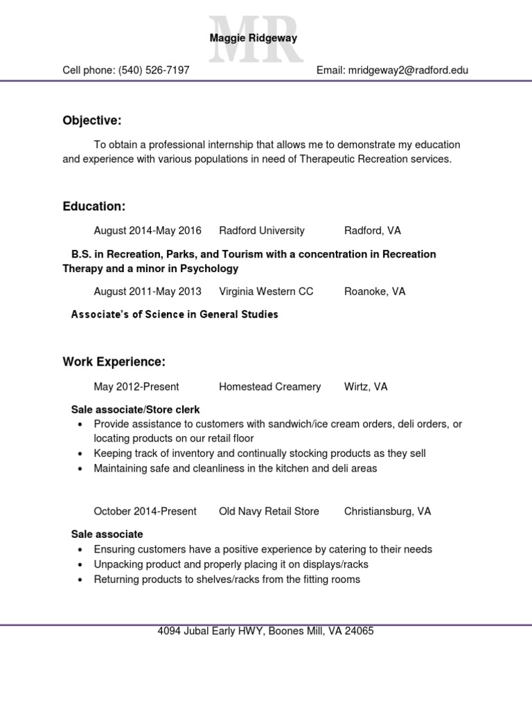 Maggie Ridgeway's Therapeutic Recreation Resume | PDF | Career & Growth ...