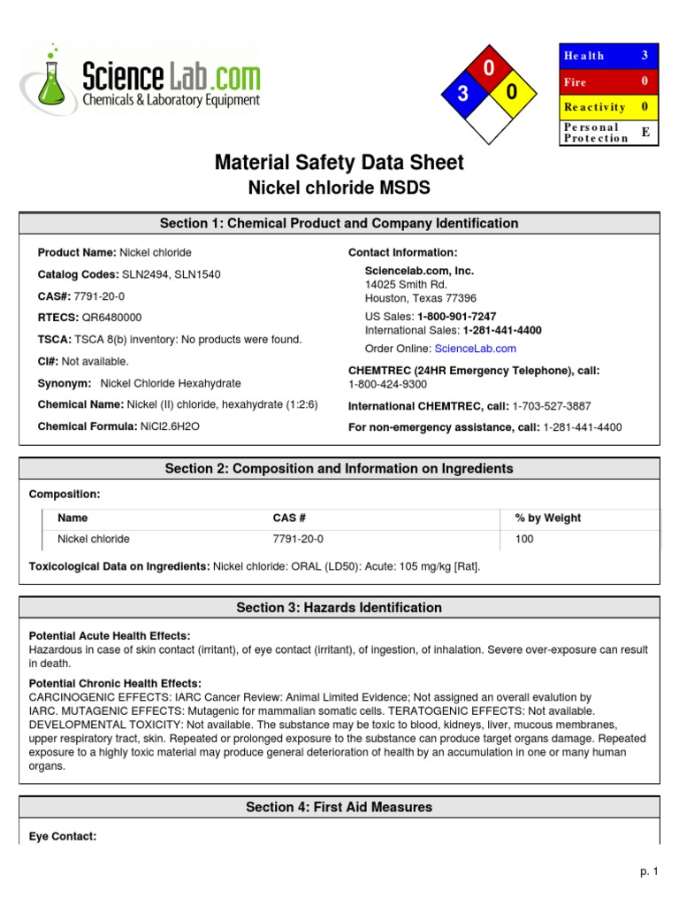 Msds Nikel Klorida | PDF | Toxicity | Dangerous Goods
