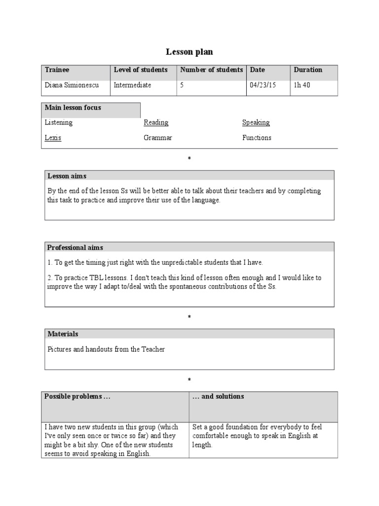 Lesson Plan: Trainee Level of Students Number of Students Date Duration ...
