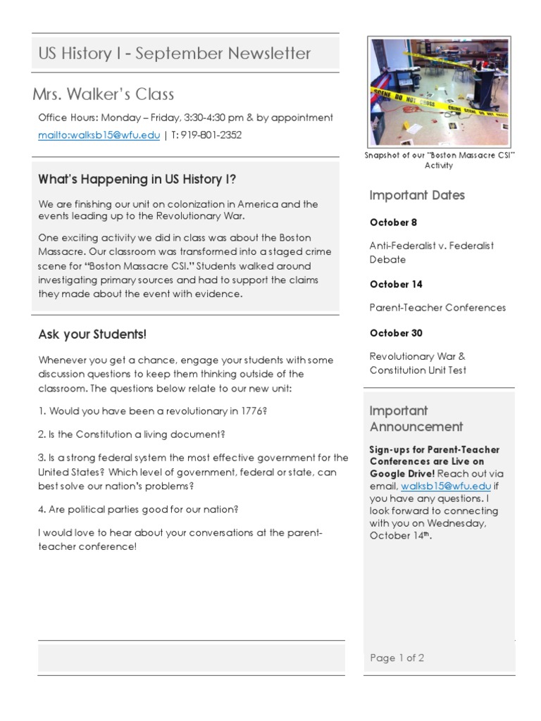 US History I September Newsletter | PDF | Politics