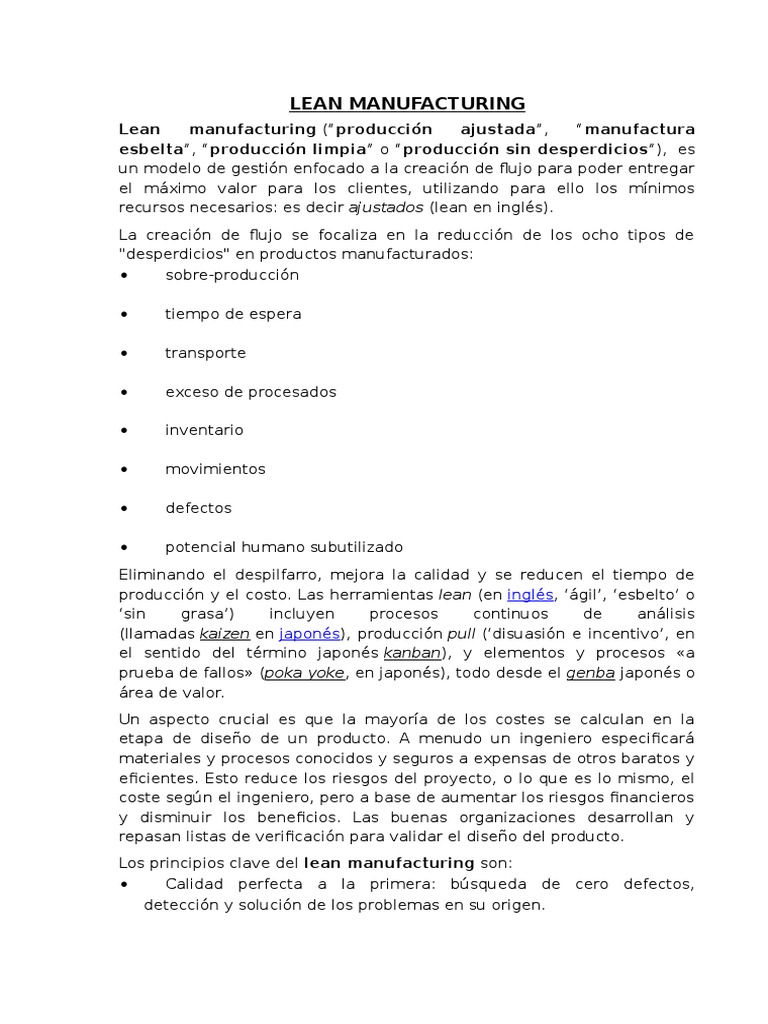 Definición y Herramientas de Lean Manufacturing | PDF | Lean ...