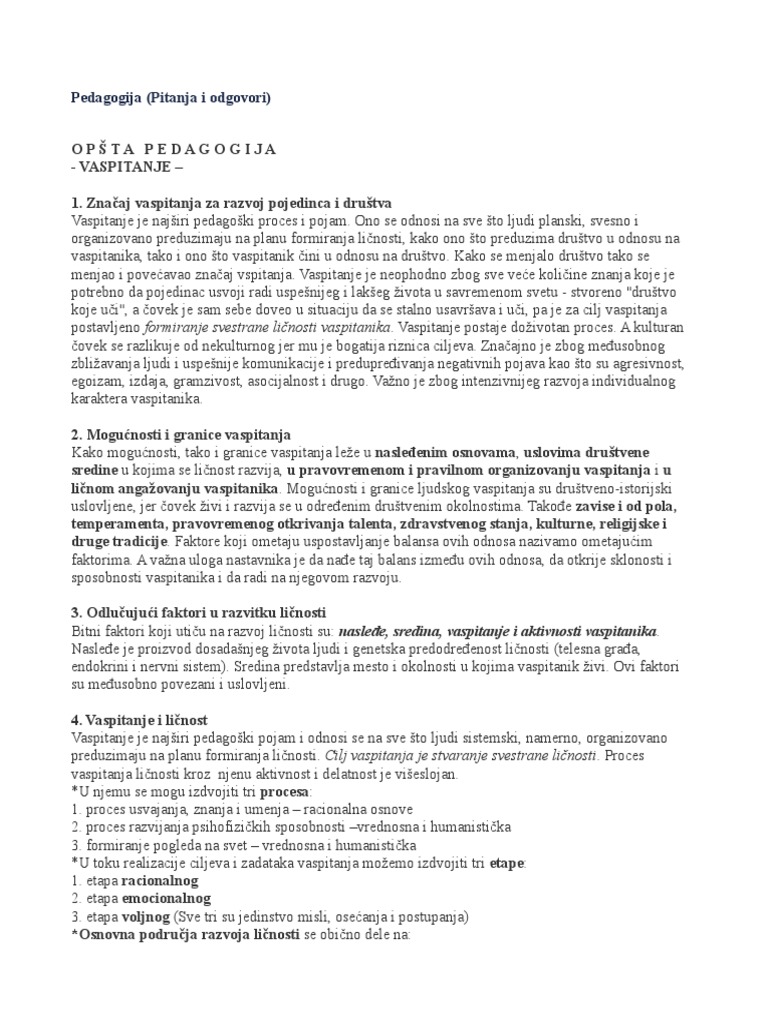 Pedagogija (Pitanja I Odgovori) PDF | PDF