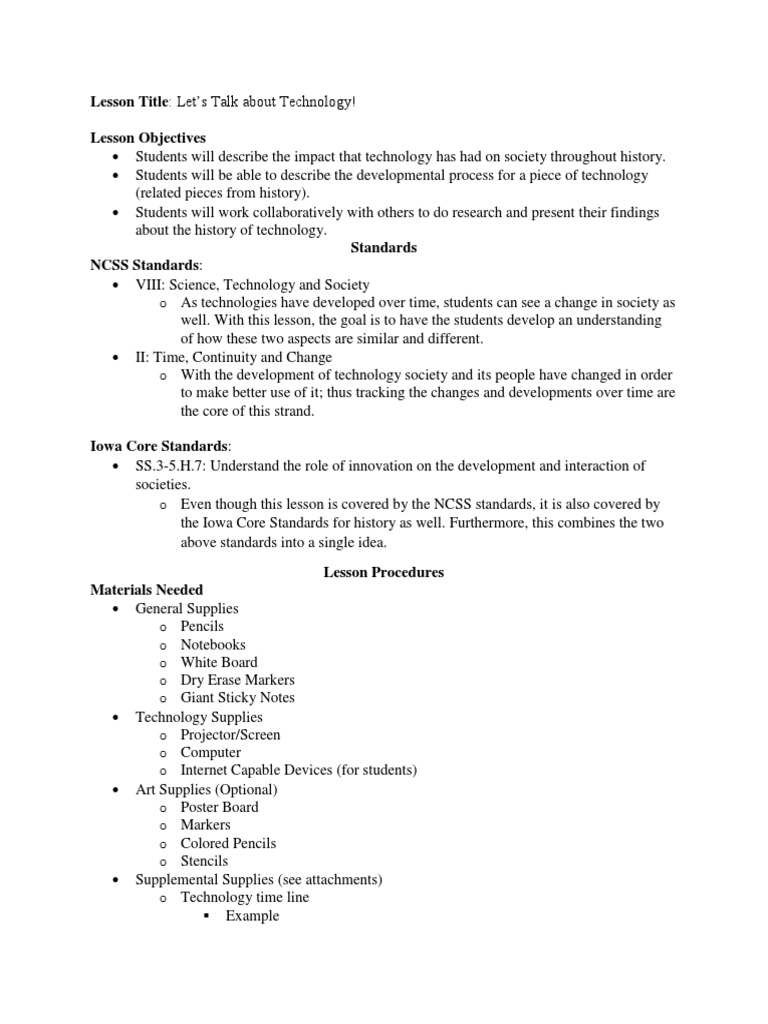 Lesson Title: Let's Talk About Technology! Lesson Objectives | PDF ...