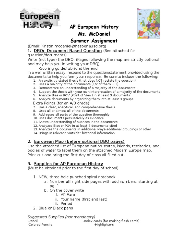 Ap European History Ms. Mcdaniel Summer Assignment | PDF | Essays | Thesis