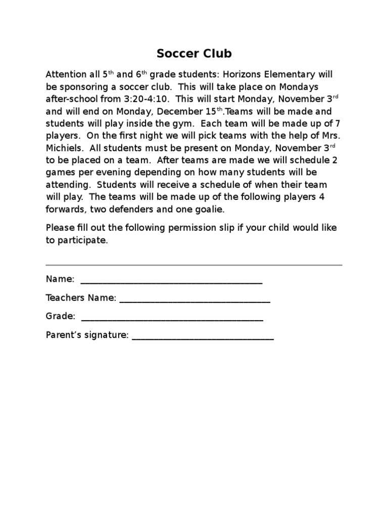 Horizons Elem Soccer Club Info | PDF