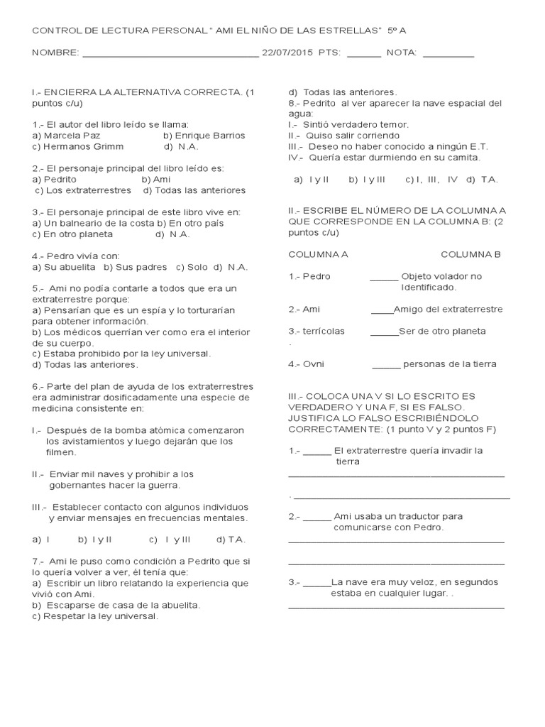 Prueba Ami El Niño de Las Estrellas | PDF