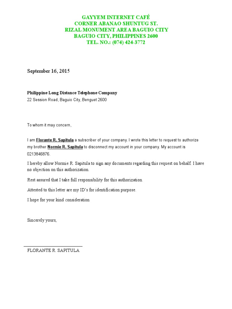 Authorization Letter Sample Disconnection Internet ASLEAFAR