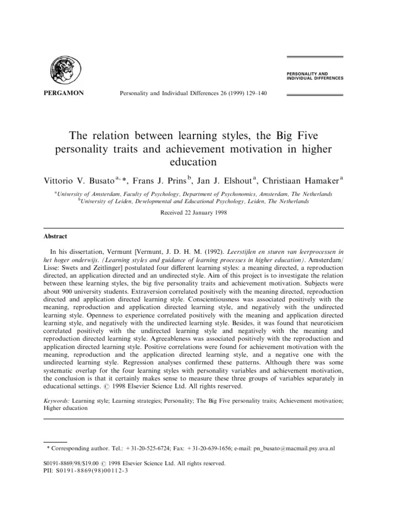 The Relation Between Learning Styles, The Big Five Personality Traits ...