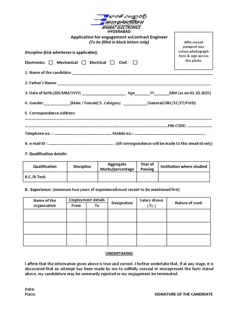 BEL Contract Engineer Application Form | PDF
