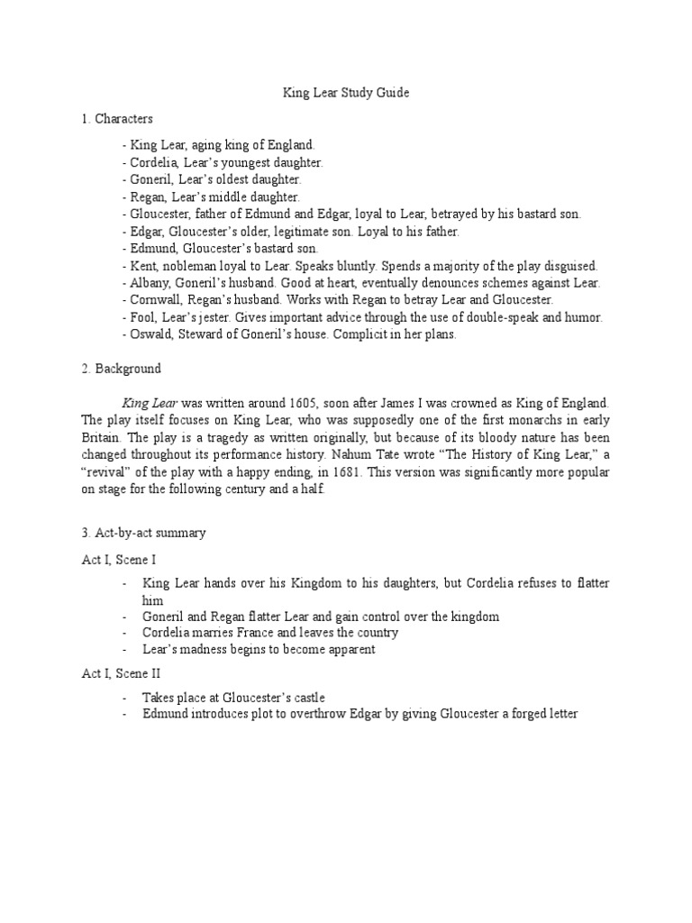 Lear Study Guide | PDF | King Lear