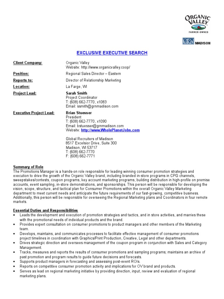 Exclusive Executive Search: Client Company: Position: Reports To ...
