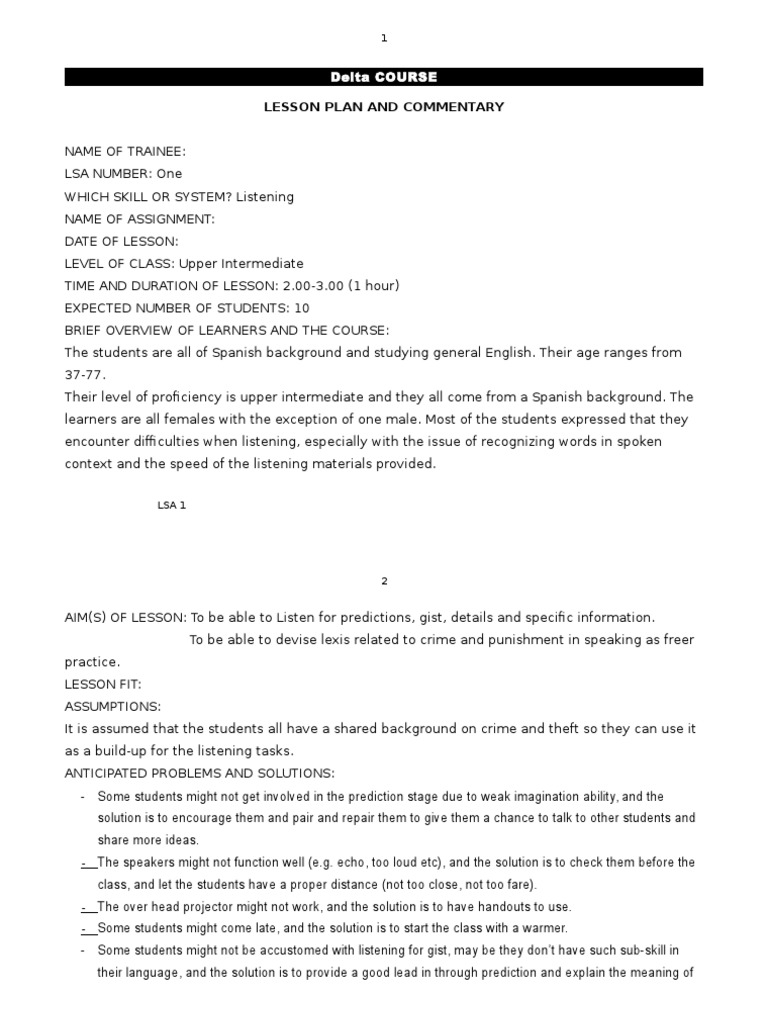 Lesson Plan and Commentary: Delta COURSE | PDF | Lesson Plan | Reading ...