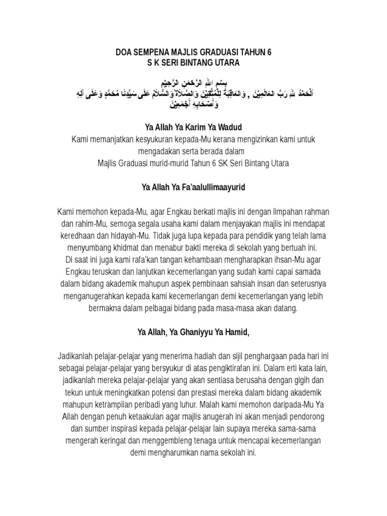 Doa Sempena Majlis Graduasi Tahun 6 SK Seri Bintang Utara" [JUDUL ...