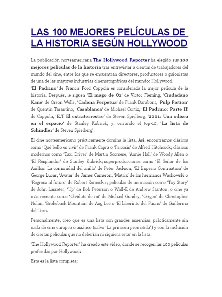Las 100 Mejores Películas de La Historia Según Hollywood | PDF | Premio ...