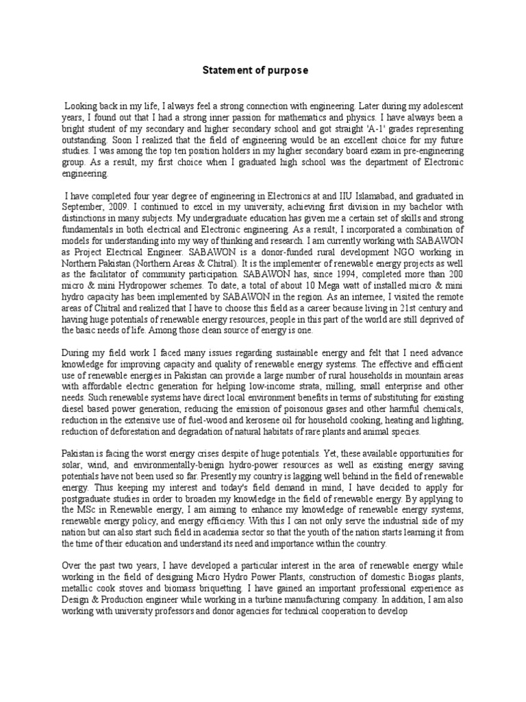 Statement of Purpose | PDF | Renewable Energy | Sustainable Energy