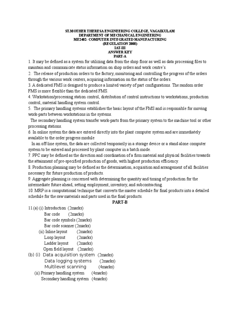 Answer Key For Cim Iat-3 | PDF | Forging | Inventory