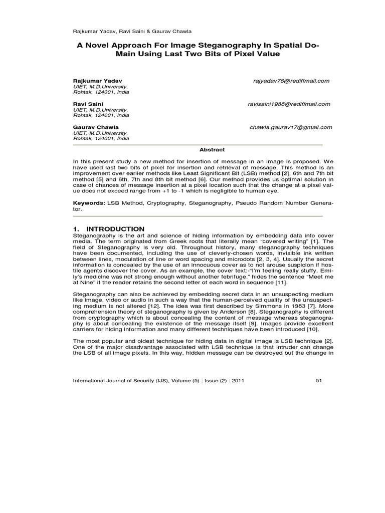 A Novel Approach For Image Steganography in Spatial Do-Main Using Last Two Bits of Pixel Value ...