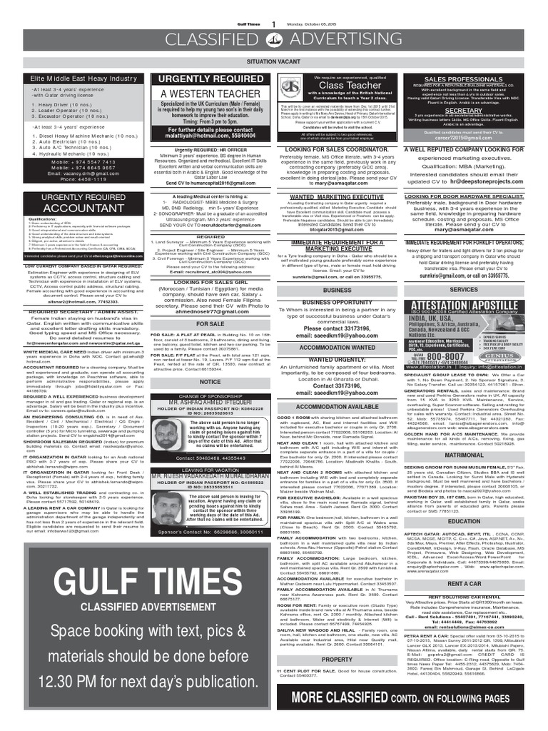 Classified Advertising: Gulf Times | PDF | Résumé | Accounting